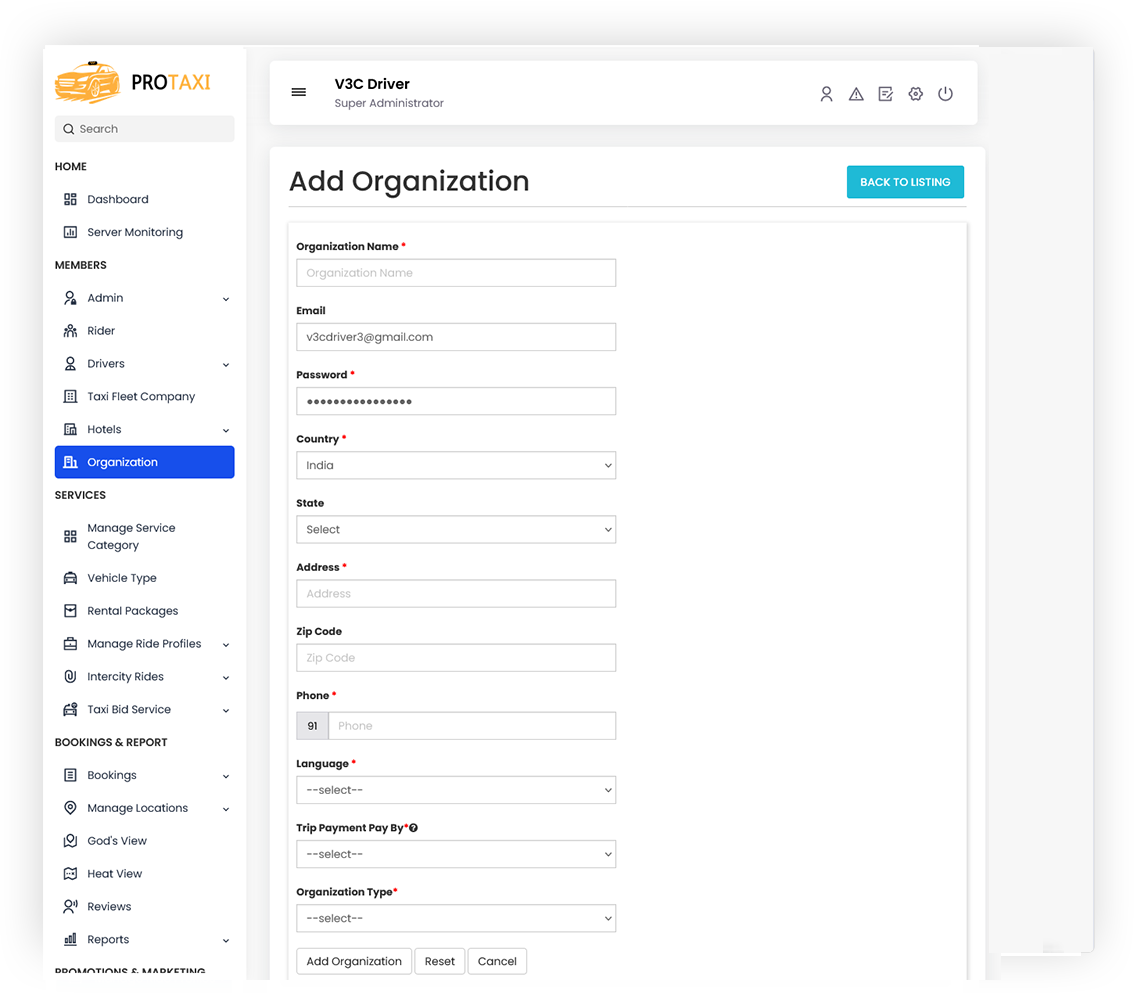 Uber clone admin panel, taxi app admin panel